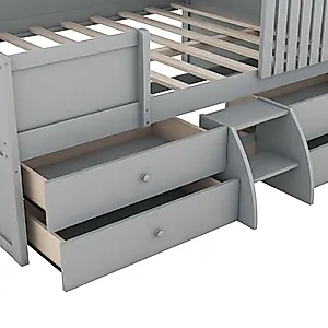 BOVZA Kids Full Size House Low Loft Bed with 4 Storage Drawers, Wood Playhouse Bed with Roof, Stairs and Safety Guardrail, for Kids Boys Girls Teens Bedroom, Gray