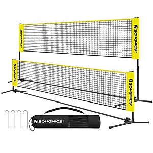SONGMICS 16.5 ft Badminton Net, Height Adjustable Volleyball Net, Pickleball Net with Poles, Foldable Nylon Net for Tennis Indoor Outdoor Court, Yellow and Black USYQ500Y