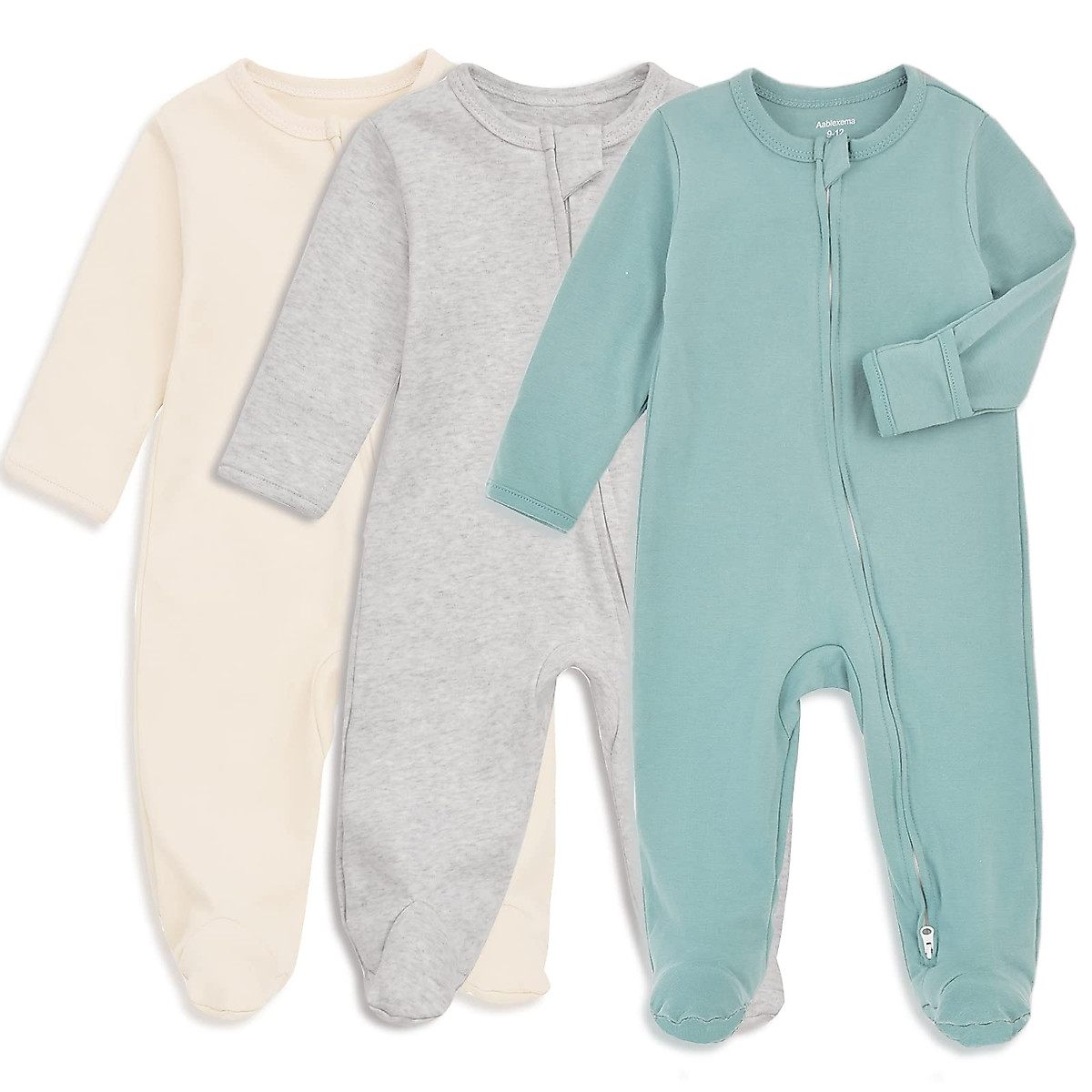 Aablexema Baby Footie Pajama with Mitten Cuffs, Double Zipper Infant Cotton clothes Sleeper Pjs, Footed Sleep Play(Ivory & Grey & Blue,12-18 Months)