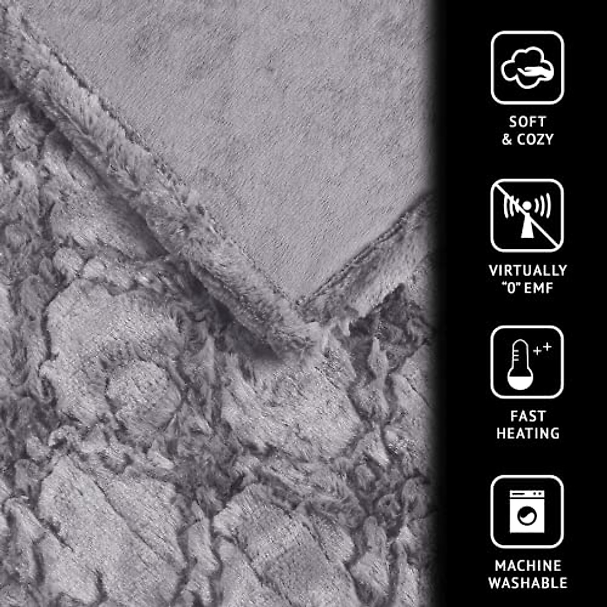 Beautyrest Brushed Long Fur Electric Throw Blanket Ogee Pattern Warm and Soft Heated Wrap with Auto Shutoff, 50 in x 60 in, Grey