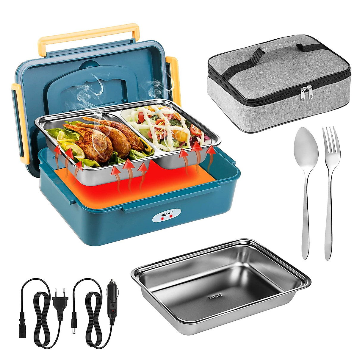 Electric Lunch Box Food Heater, 3 in 1 Food Warmer 12V 24V 110V Portable Heated Lunch Boxes for Car/Truck/Home Self Heating Box with 2 Removable 304 Stainless Steel Container, Fork & Spoon and Carry