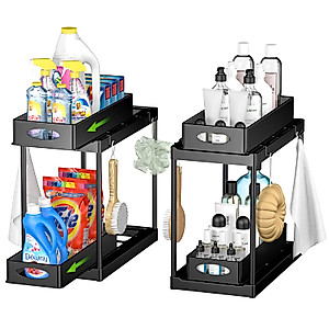 Under Sink Organizer and Storage, 2 Tier Under Sink Organizer with Sliding Pull Out Drawer for Kitchen Bathroom Cabinet Shelf Basket with 8 Hooks (2 Pack)