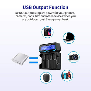 XTAR X4 2A Fast AC Power Battery Charger 2 Input Ports with USB Output Function for 3.6V 3.7V 14500 16340 18650 20700 21700 26650 1.2V AAAA AA A SC C