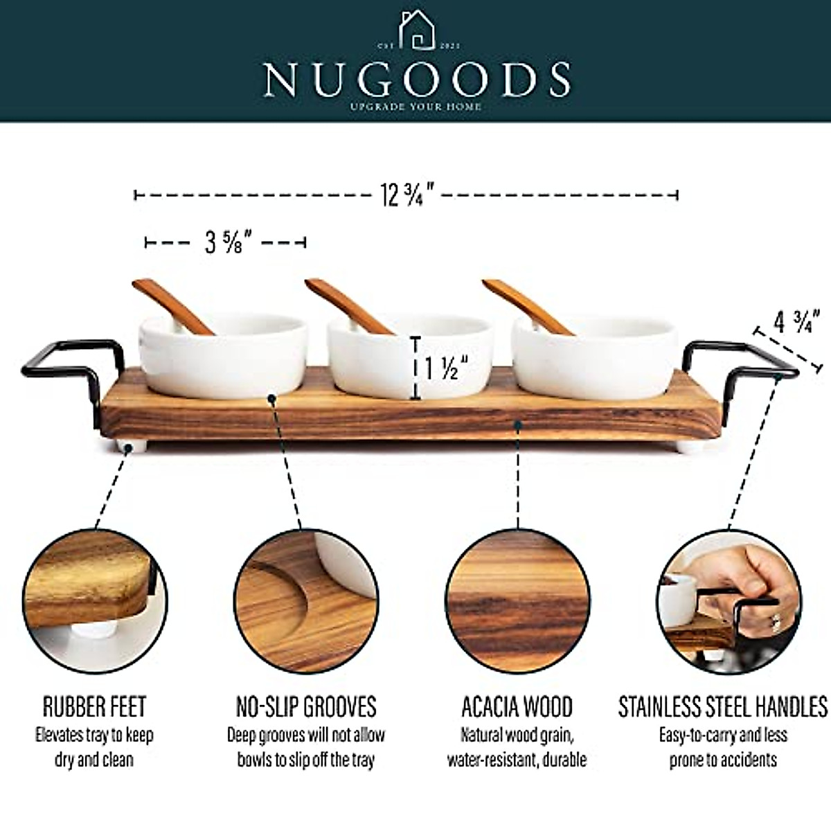 Acacia Wood Serving Tray with 3 Ceramic Bowls & 3 Wooden Spoons - Relish Tray with Stainless Steel Handles & Non-Scratch Rubber Feet Serves as Chip and Dip Serving Set for Sauces, Dips & Much More