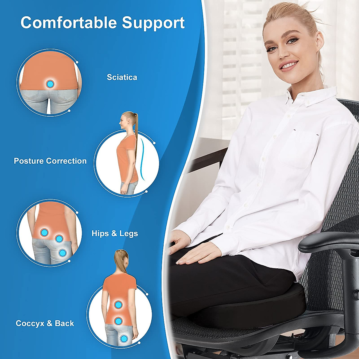 Bomdaia Seat Cushion for Office Chair, Desk Chair Car Seat Cushion for Tailbone Pain, Memory Foam Coccyx Seat Cushion for Sciatica, Back Pain Relief (Black)