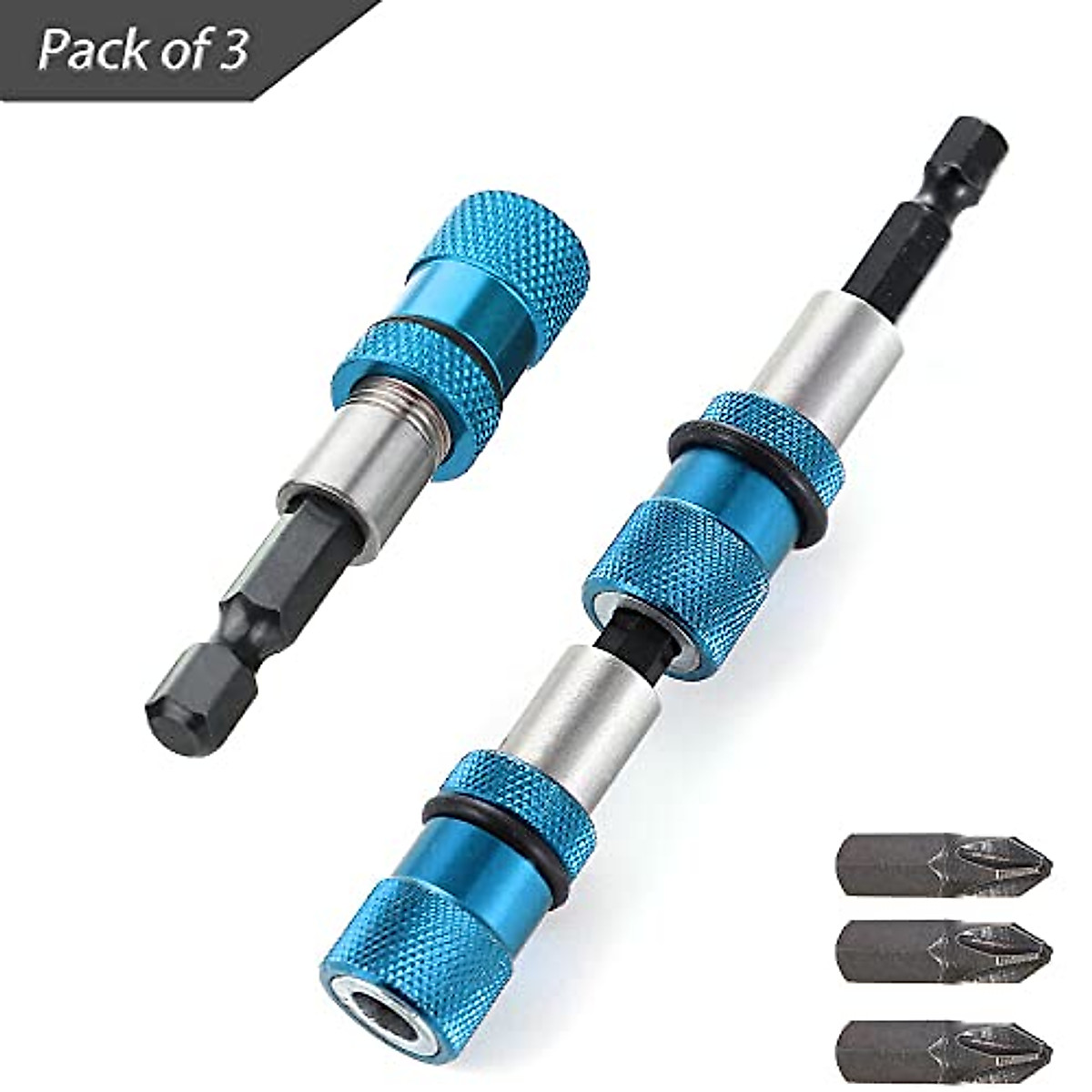 Saipe 3pcs Adjustable Screw Depth Magnetic Screwdriver Bit Holder 1/4" Hex Shank Drywall Screw Bit Holder Screw Tool with Phillips 2 Screw Driver Bits, Blue