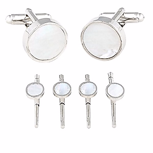 Cuff-Daddy Mens Mother of Pearl Silver Spring Back Cufflinks and Studs Formal Set with Presentation Box