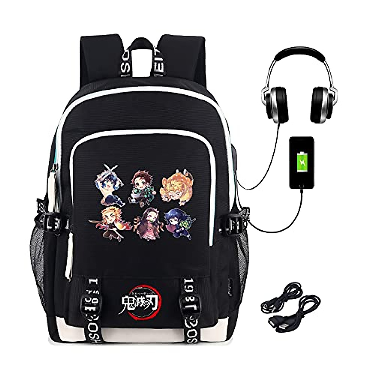 Roffatide Anime Demon Slayer Printed Backpack Schoolbag Laptop Rucksack Fit 15.6 Inch with USB Charging Port & Headphone Port Black