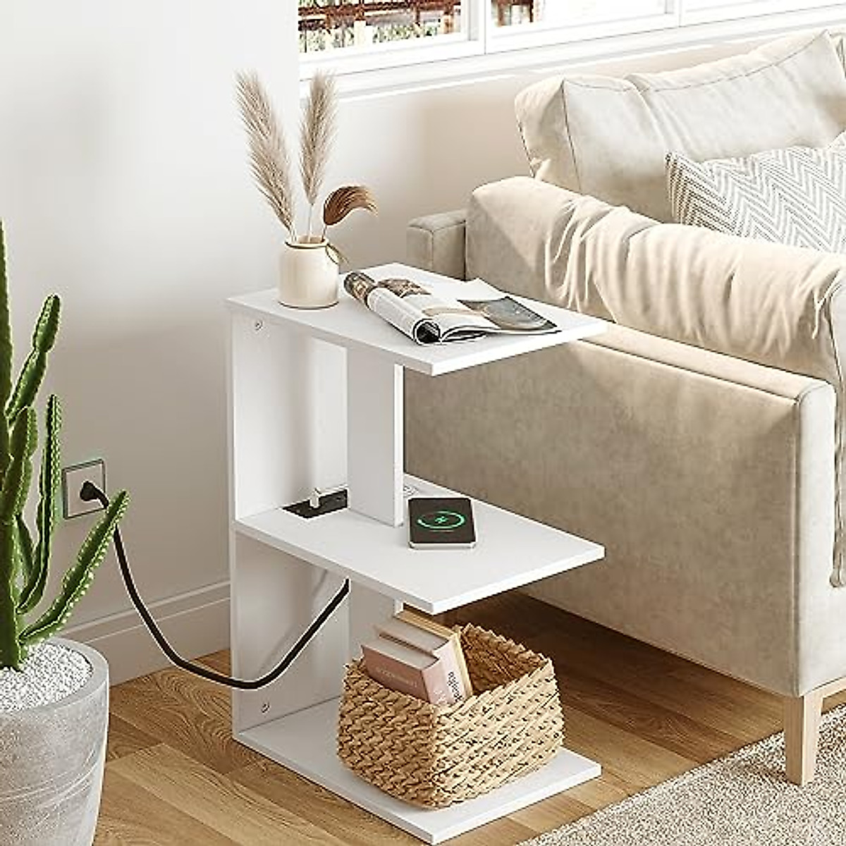 Yusong End Table with Charging Station, Narrow Side Tables for Small Spaces with USB Ports & Outlets Skinny Nightstand Bedside Sofa Couch Side Slim 3 Shelf Night Stand for Living Room, Bedroom,White