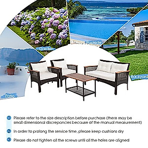 Tangkula 4-Piece Patio Furniture Set, Patiojoy Acacia Wood Outdoor PE Wicker Conversation Set with Cushions, PE Rattan Sectional Sofa Set for Lawn, Porch, Poolside, Backyard (Off White)