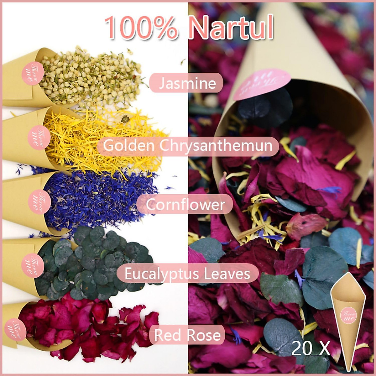 2 QT Dried Roses & Eucalyptus Leaves Mix Petals, 20+ Cups of Natural Biodegradable Confetti, Containing Chrysanthemums Jasmine Cornflowers Flower Girl Baskets, Wedding Parties,Flower Girls