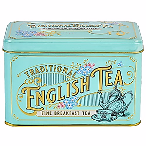New English Teas Vintage Victorian Tea Tin with 40 English Breakfast Tea Bags, Forget Me Not Florals, Black Tea, Ceylon Tea, Mint Green British Tea Caddy