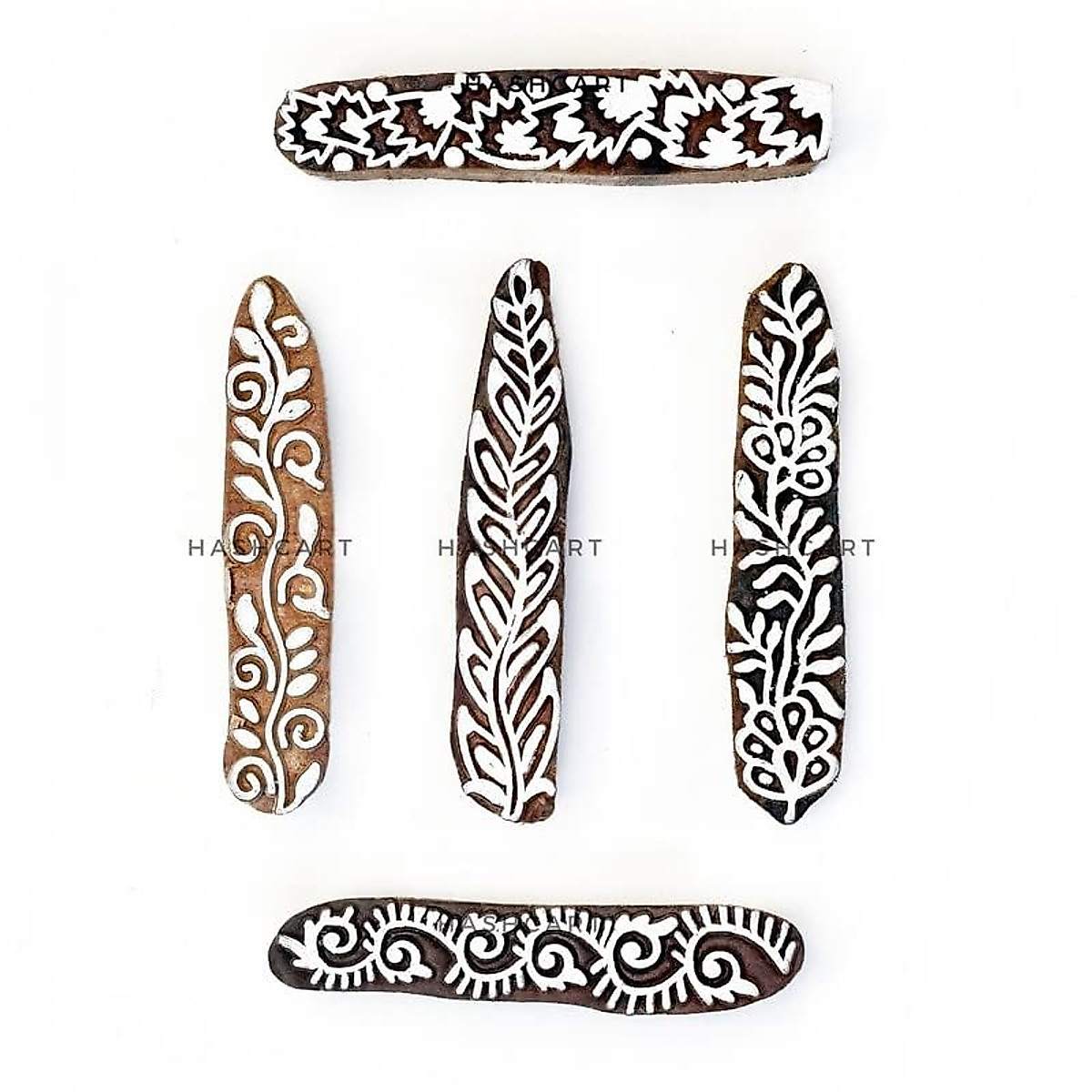 HASHCART® Wooden Pottery Stamps for Block Printing - Finger Shapes Stamp Set of 5, Made in India Ink Stamps, Wood Blocks for Crafting on Fabric, Clay & Henna Tattoo, Wood Stamps for Craft