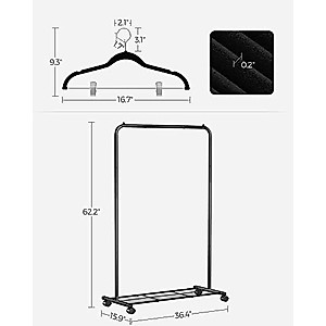SONGMICS Rolling Clothes Rack and 30-Pack Velvet Hangers Bundle, Garment Rack with Wheels and a Mesh Shelf, Non-Slip Coat Pants Hangers with Adjustable Clips, Black UHSR25BK and UCRF12B30