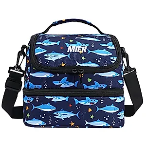 MIER 2 Compartment Kids Small Lunch Box Bag for Boys Girls Toddlers, Double Deck Leakproof Lunchbox Cooler Insulated Lunch Tote with Shoulder Strap (Blue-Shark)