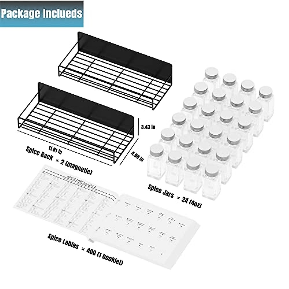 Neatsure 2 Pack Magnetic Spice Rack with 24 Spice Jars, 400 Spice Labels and Funnel, Alternative to Magnetic Spice Tins Containers, Refrigerator Fridge Shelf Organizer