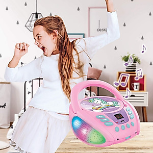 Lexibook Unicorn - Bluetooth CD Player for Kids – Portable, Multicoloured Light Effects, Microphone Jack, Aux-in Jack, AC or Battery-Operated, Girls, Boys, Pink, RCD109UNI