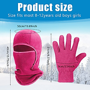 4 Pcs Kids Balaclava Ski Mask and Fleece Gloves Set Winter Hat Face Mask Warm Full Finger Glove for Boys Girls 8-12 Years Old (Black, Rose Red)