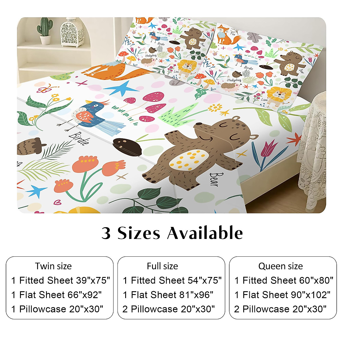 EDGZKO Sheet Set Cartoon Animals: Queen Size Cute Bed Sheets for Toddler Girls Boys Kids Deep Pocket Lovely Fox Bear Lion Flowers 4 Piece Bedding Sets 1 Flat Sheet & 1 Fitted Sheet & 2 Pillowcases