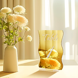 Gold Table Numbers 1-10 with Stands Holders 4.5"x6.7" Wave Elegant Wedding Acrylic Table Numbers Large Modern Mirror Table Number Signs for Party(Gold White Fonts,pack of 10)