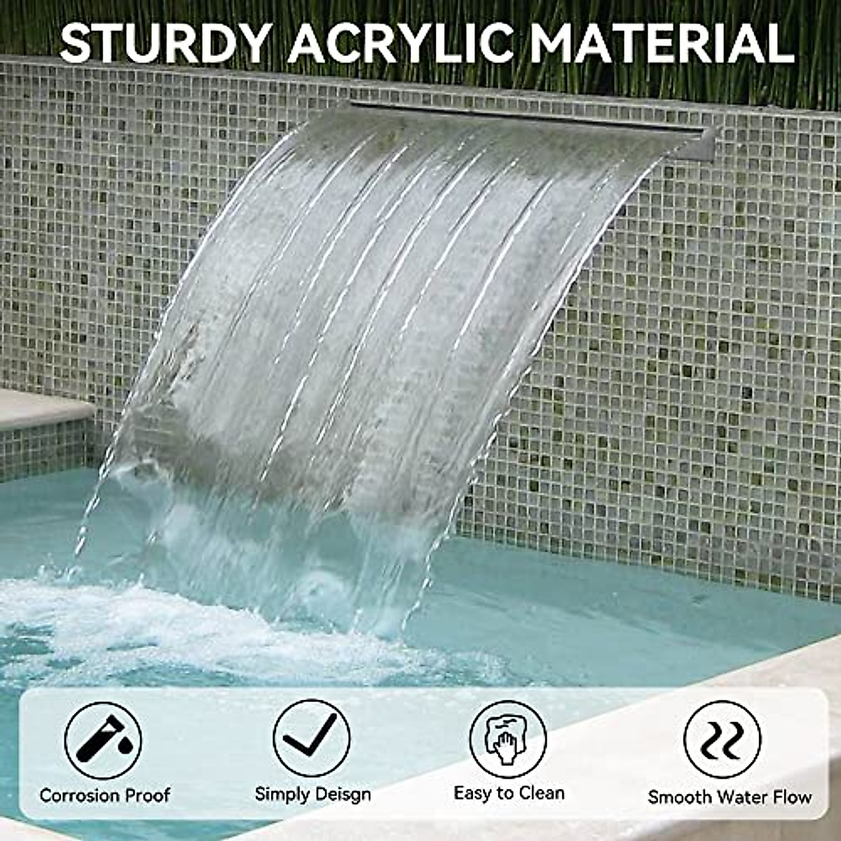YITAHOME 48" Pool Fountain Stainless Steel Pool Waterfall with 7 Colors LED Light Changing Remote for Spillway, Swimming Pool, Outdoor Garden Decorations Transparent