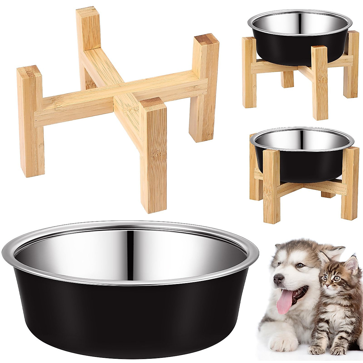 SiliFine 2 Sets Stainless Steel Dog Bowls Set with Stand Elevated Raised Dog Food Water Dish Adjustable Dog Bowl Holder Heavy Duty for Small and Medium Dogs Cats Pet, Black