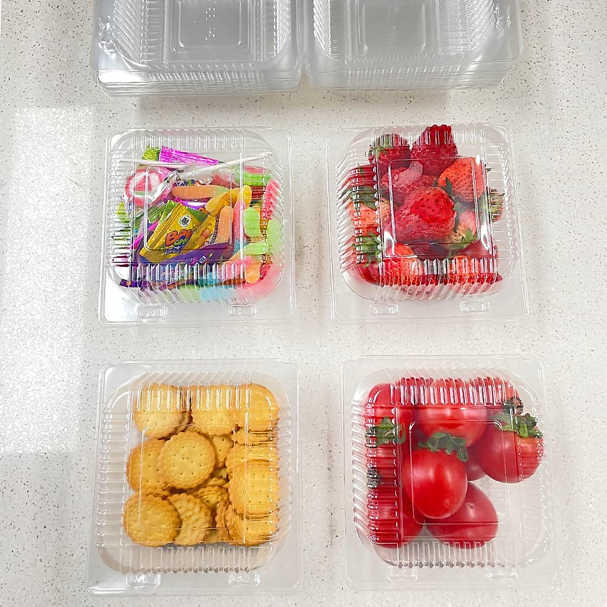 WAQIAGO 100 PCS 5x5 Inch Plastic Clamshell Take Out Tray,Disposable Sturdy Hinged LoafContainers,to go containers Disposable Takeout Box for Salads,Fruit,Hamburgers,Sandwiches,Cupcake
