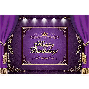 5x3FT Purple Happy Birthday Backdrop Purple and Gold Curtain Crown Floral Texture Decoration for Women Photography Background Party Decorations Banner Supplies Photo Booth Studio