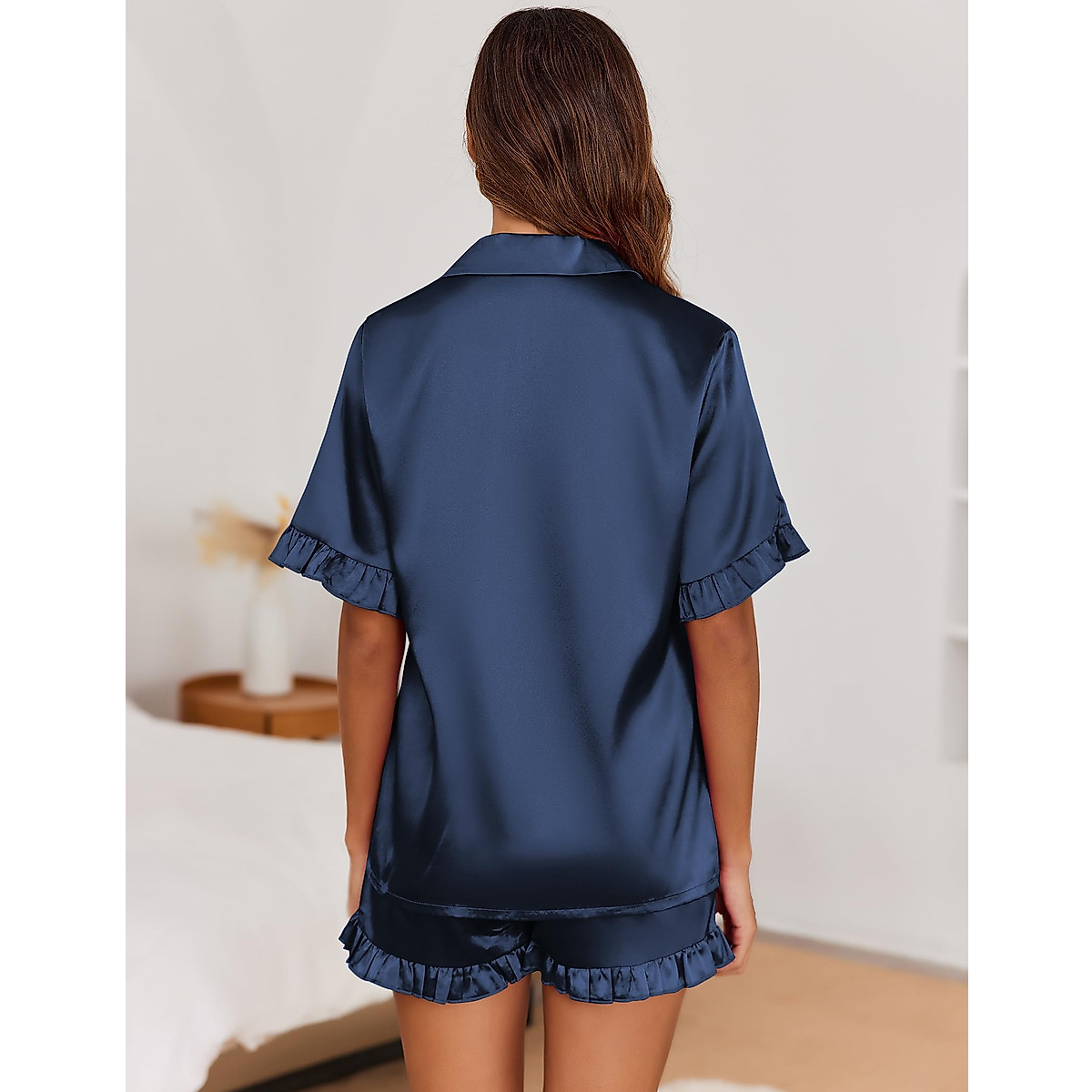 Ekouaer Womens Satin Pajamas Set Button Down Silk 2 Piece Pj Sets Ruffle Short Sleeve Sleepwear,Navy Blue,M