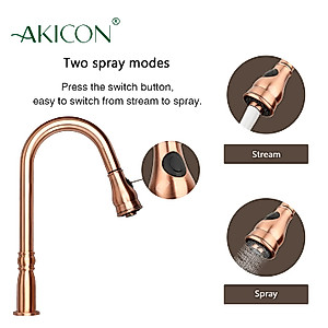 Copper Kitchen Faucet with in-Deck Handle and Soap Dispenser, Single Handle Solid Brass High Arc Pull Down Sprayer Head Kitchen Sink Faucet OH97918