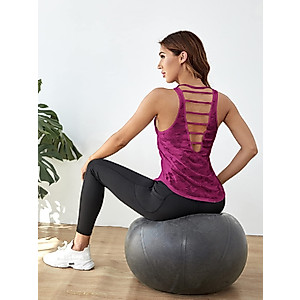 Floerns Women's Camo Print Cut Out Back Activewear Running Sports Tank Top Purple S