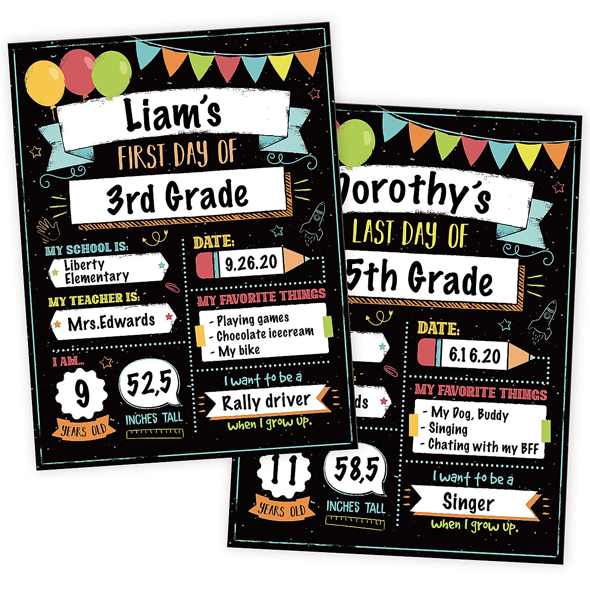 Beautiful First and Last Day of School Board Signs Set of 12 - Reversible 12" x 9" Back to School Cards for Lasting Memories - Perfect Photo Prop Chalkboard Prints for Kindergarten and School