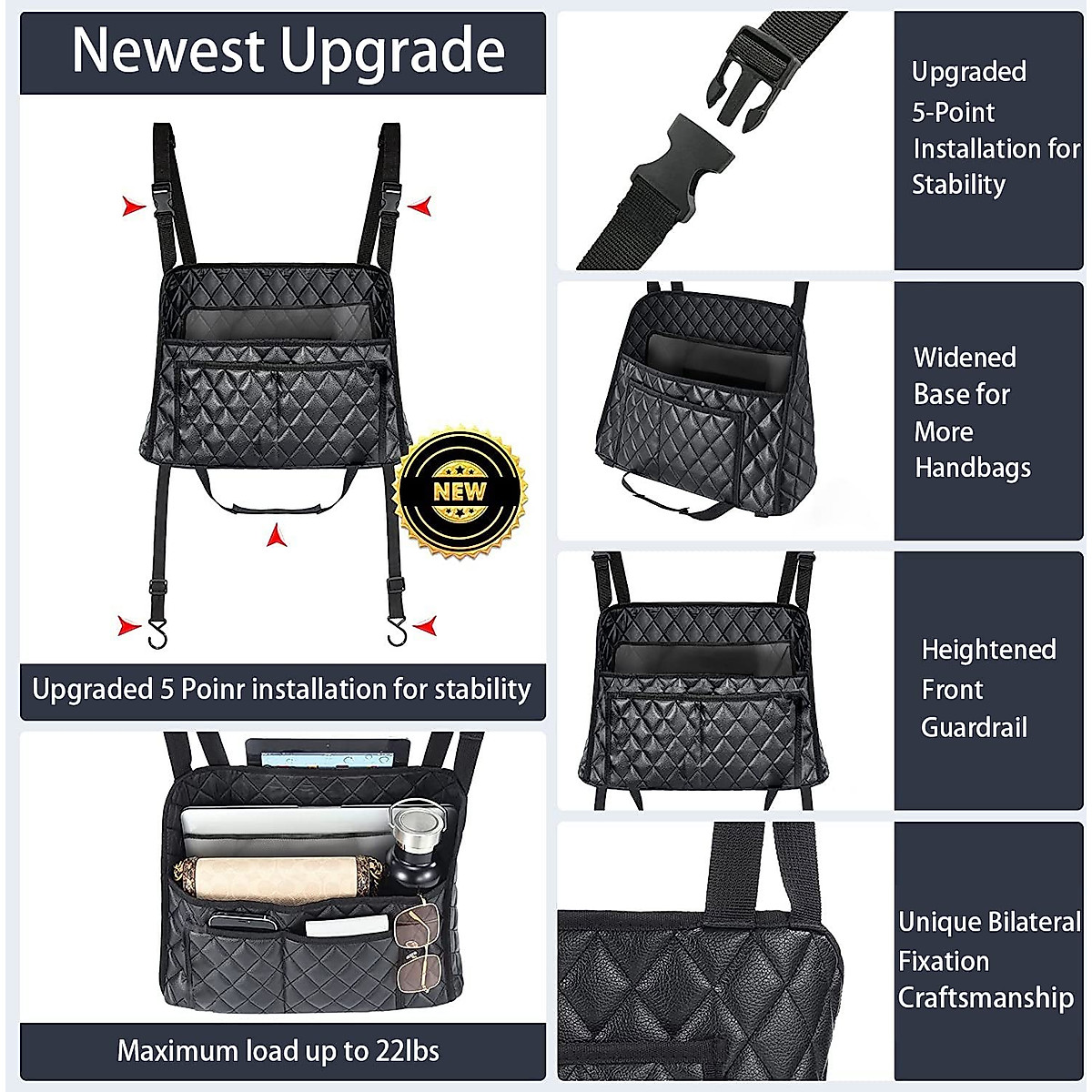 AICEL Car Handbag Purse Holder Between Seats, Auto Seat Leather Organizer Pocket, Front Seat Bag Box Storage for Cell Phone Document, Backseat Barrier for Kids Pet, Fits for Most Vehicles