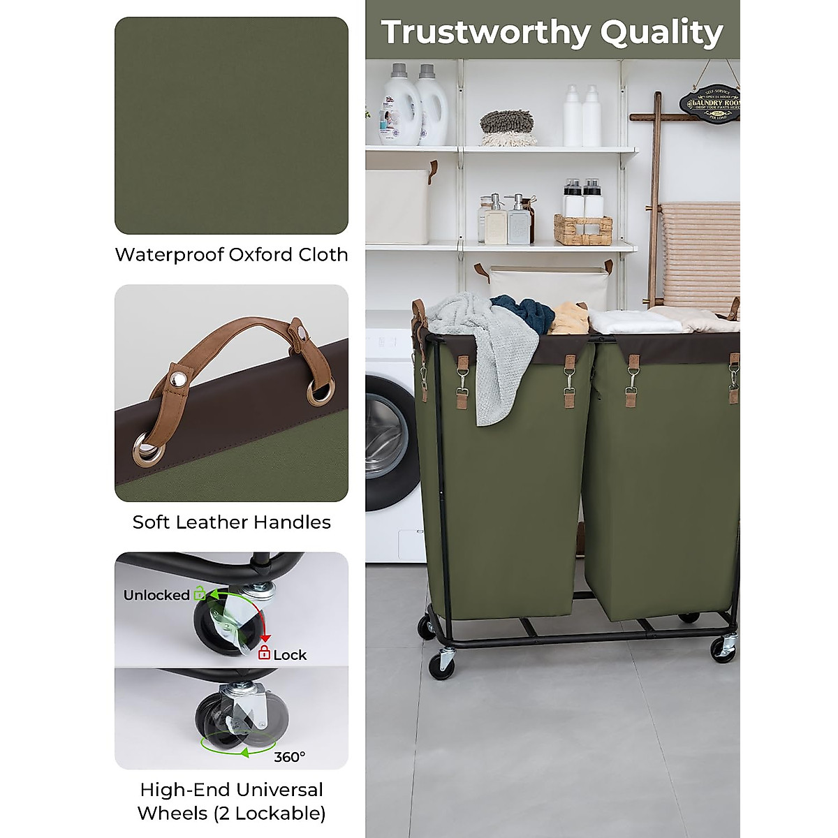 StorageWorks Laundry Sorter Cart with 2 Sections, 390L Laundry Cart with Wheels, Extra Large Double Laundry Hamper, Laundry Basket Divider for Hotel, Home, Green, 1-Pack