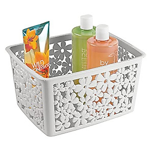 mDesign Plastic Bathroom Storage Basket Bin for Organizing Hand Soaps, Body Wash, Shampoos, Lotion, Conditioners, Hand Towels, Hair Accessories, Body Spray - Large, Floral Design, 6 Pack, Light Gray