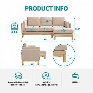 BALUS Sectional Sofa with Chaise Lounge, L Shaped Sofa Living Room Couch 83" Wide with Solid Wood Base, Modern Upholstered Linen Sofas, Easy Assembly - Beige
