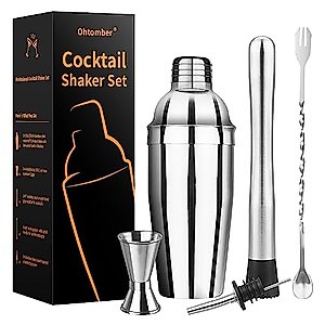 Ohtomber Cocktail Shaker Bartender Kit - 5 Pieces Cocktail Martini Shaker with Strainer, Muddler for Cocktails, Bar Spoon, Measuring Jigger for Bartending and Liquor Bottle Pourers, Drink Mixer Set