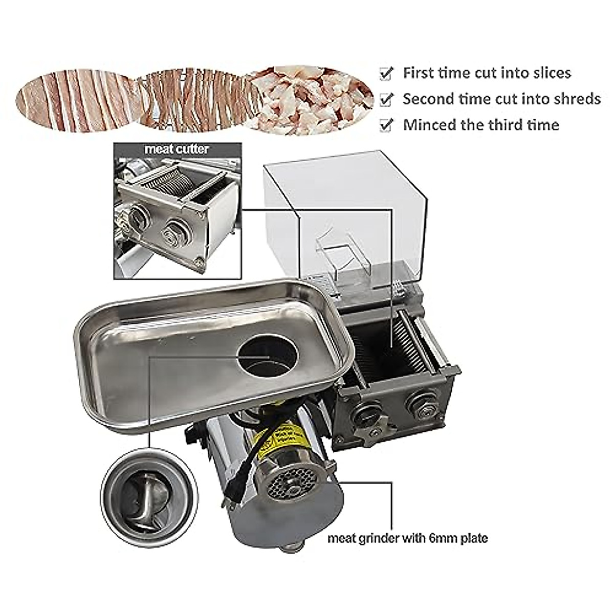 TECHTONGDA Electric Meat Cutter Slicer Grinder Crusher Commercial Shredded Diced for Steak Beef Pork 5mm Cutter and 6mm Plate for Grinder