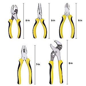 TOPLINE 5-Piece Pliers Set, Pliers Tool Set Included 8" Groove Joint Pliers, 7" Linesman Pliers, 6" Long Nose Pliers, 6" Slip Joint Pliers, 6" Diagonal Pliers for Basic Home Maintenance
