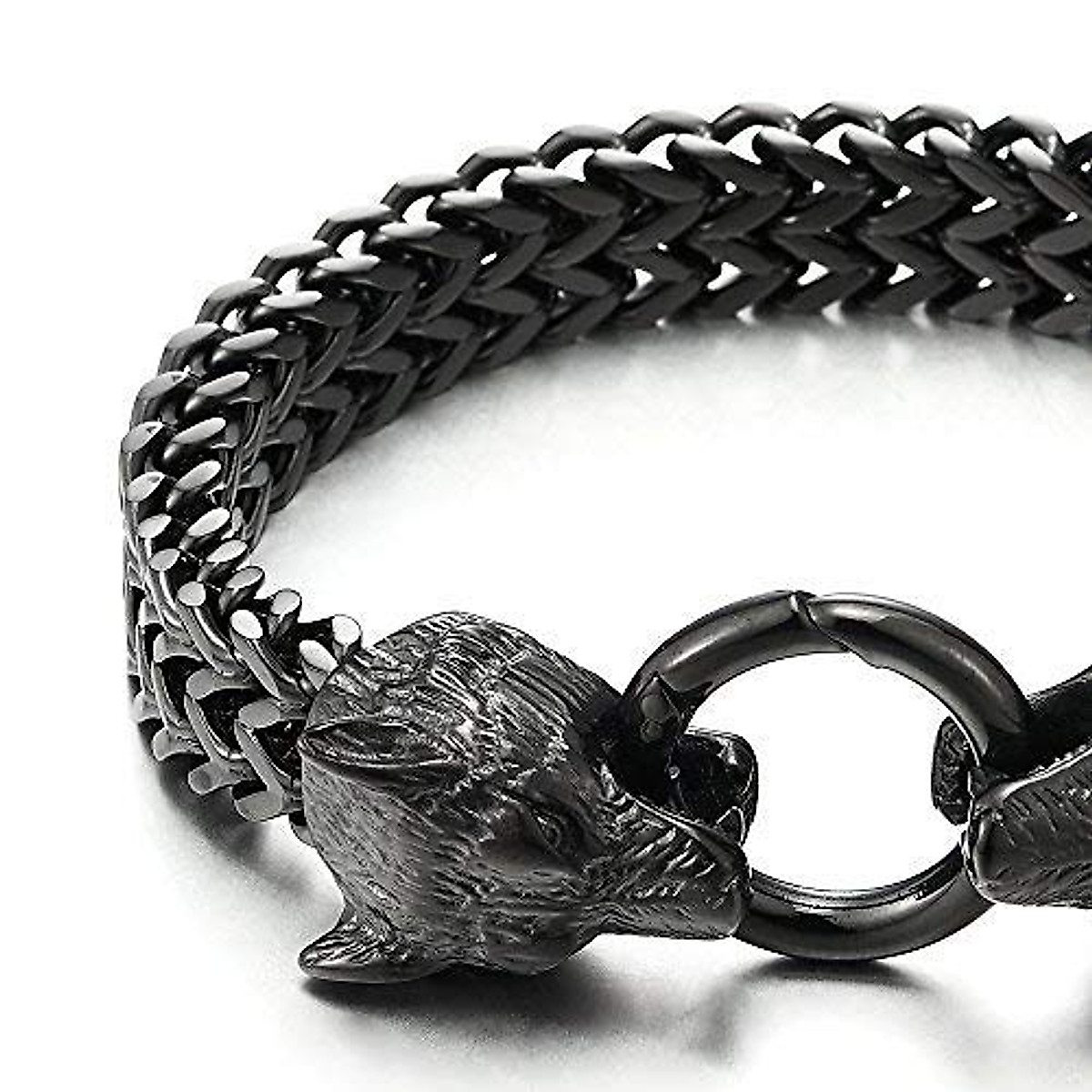 COOLSTEELANDBEYOND Mens Black Wolf Head Steel Franco Link Curb Chain Bracelet with Spring Ring Clasp 8.86 Inch