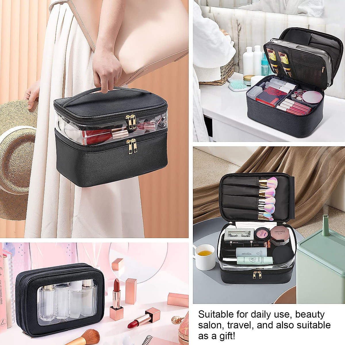MAGEFY 2 PCS Travel Cosmetic Bags Leather Double Layer Organizer Clear Toiletry Bag Black Makeup Bags for Women Gifts with Adjustable Dividers