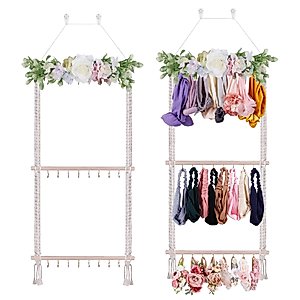 cherrboll Headband Holder for Girls, Hair Bows Organizer with 24 Hooks, Wall Hanging Hair Accessories Organization Storage Boho Decor for Nursery Room Door