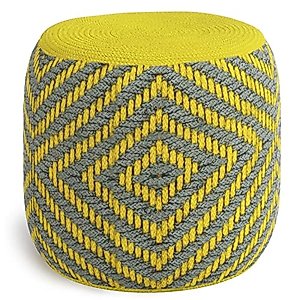 SIMPLIHOME Kent Boho Round Woven Outdoor/ Indoor Pouf in Grey and Yellow Recycled PET Polyester for the Living Room, Family Room, Bedroom and Kids Room