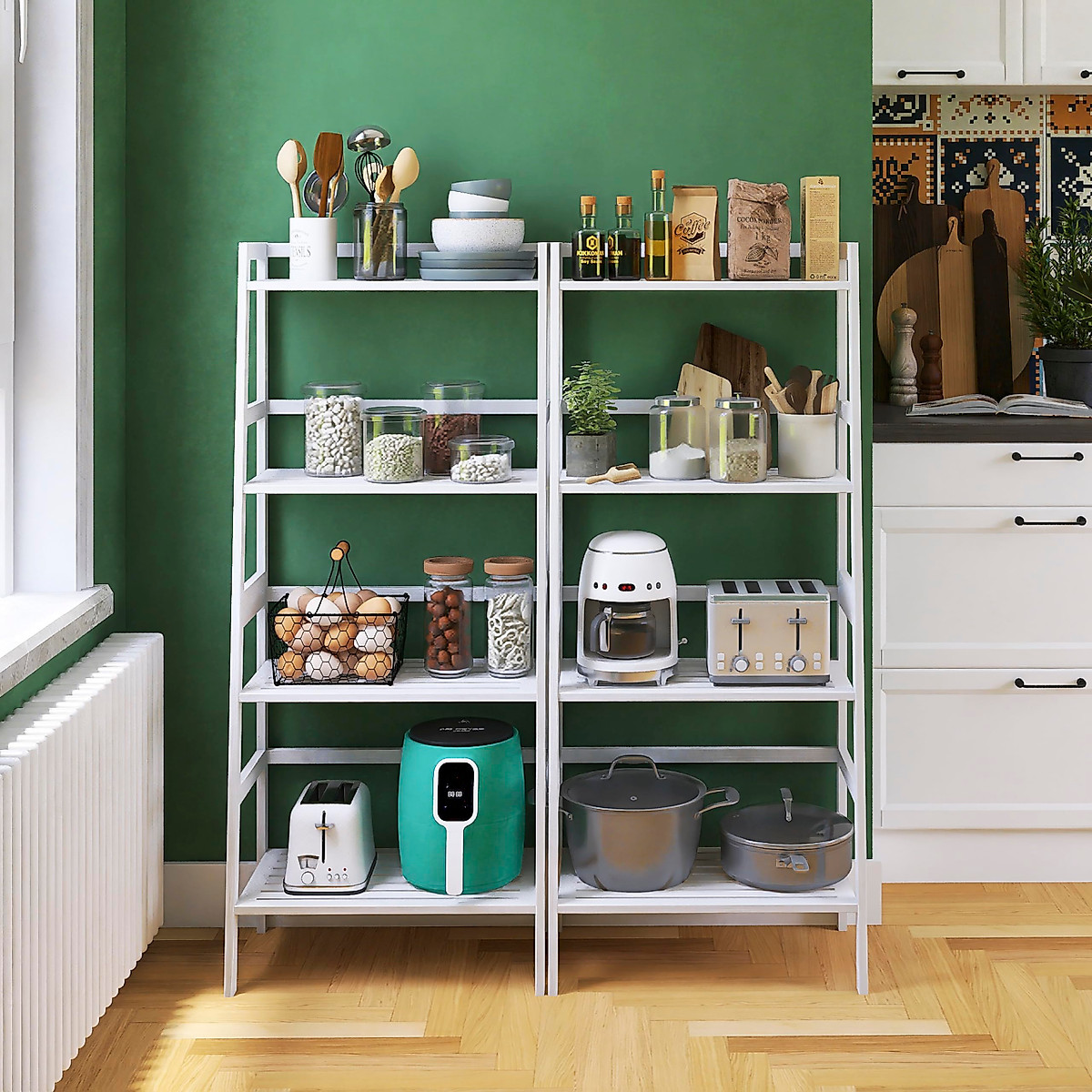 HITNET White Ladder Bookshelf, Leaning Bookcase, 4-Tier Bamboo Shelf, Floor Standing Storage Shelving Unit, Open Display Book Shelves