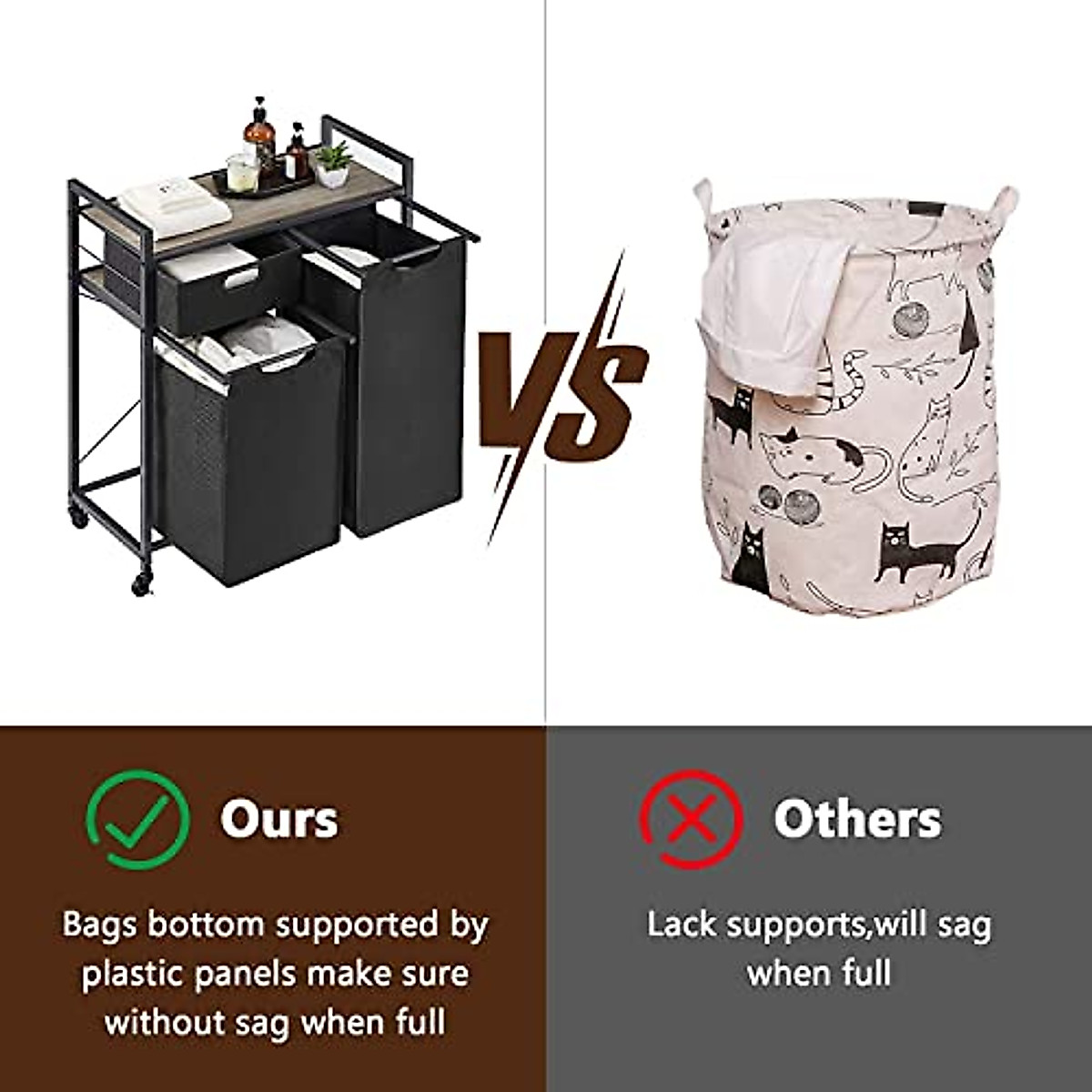 CUANBOZAM Laundry Hamper Cart, 130L Laundry Basket Laundry Sorter 2 Section, Removable Laundry Bags, Pull-Out Laundry Sorter, Metal Frame, Clothes Hamper for Bathroom, Dorm, Laundry Room