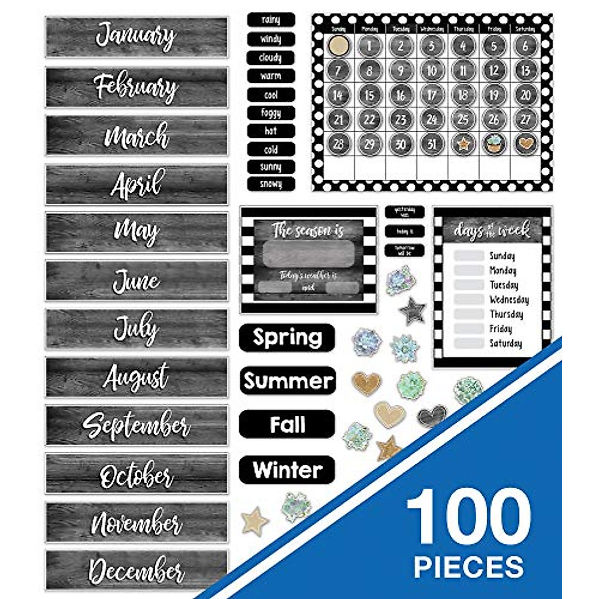 Schoolgirl Style Simply Stylish Bulletin Board Set―Calendar, Monthly Headers, Days of the Week, Seasons, Weather, Special Occasions, Birthdays (100 pc)