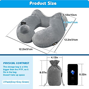 2 Pack Inflatable Travel Neck Pillow with Compact Bag and Washable Cover for Sleeping Airplane Soft Velvet Pillow for Long Flight Neck Cushion for Head Support Car Home Office