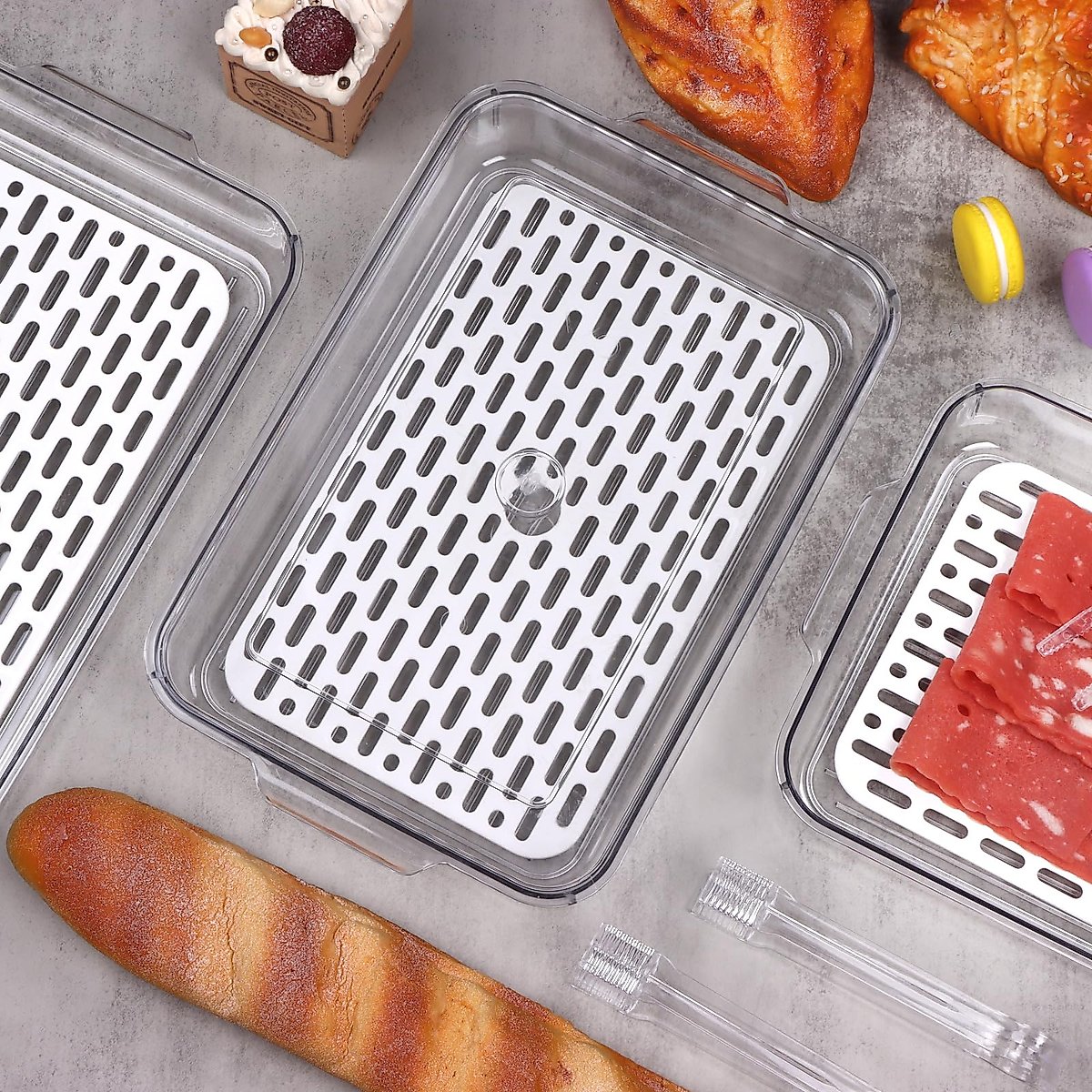 Furbeko 3 Pcs Bacon Keeper Deli Meat Container for Fridge Bacon Holder Bacon Storage Container with Lids for Refrigerator Plastic Cold Cuts Cheese Storage Organizer Bacon Saver with 3 Serving Tongs
