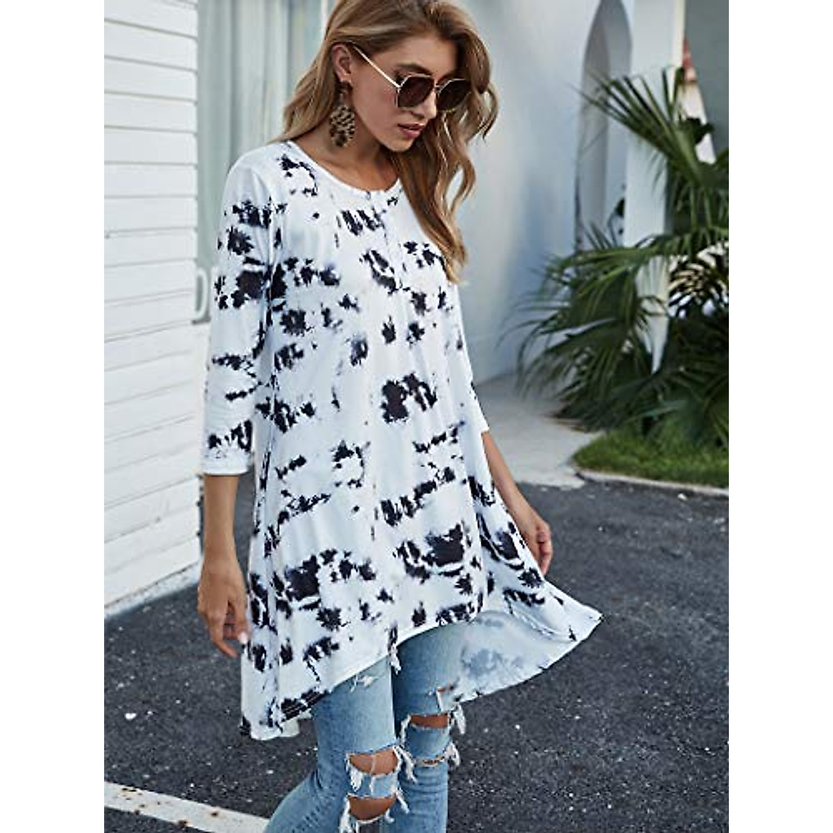 Naggoo Womens 3/4 Sleeve Hi Low V neck Long Blouses Tie Dye Print Loose Tunic Tops Shirts, Black White, XX-Large