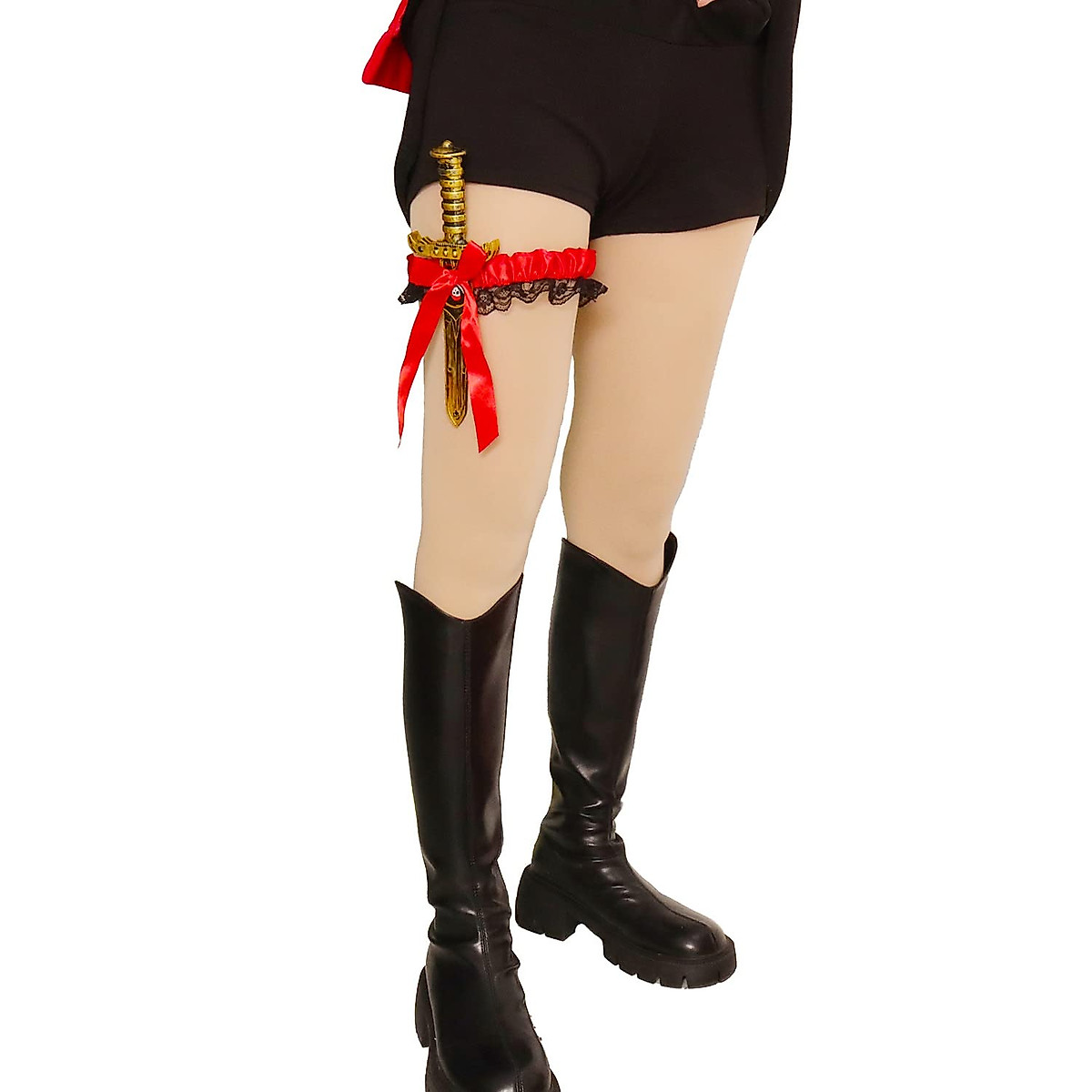 2 Pcs Bow Garter with Pirate Dagger Lace Bow Leg Ring Sword Leg Holster for Halloween Carnival Dress Up Props Women Girls Favor,Red